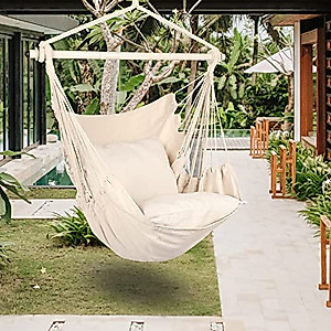 Highwild Hammock Chair Hanging Rope Swing - Max 500 Lbs - 2 Cushions Included - Steel Spreader Bar with Anti-Slip Rings - for Any Indoor or Outdoor Spaces (Beige)
