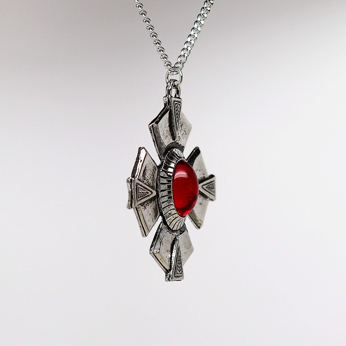 Medallion with Red Cabochon Medieval Renaissance Silver Finish Pendant Necklace