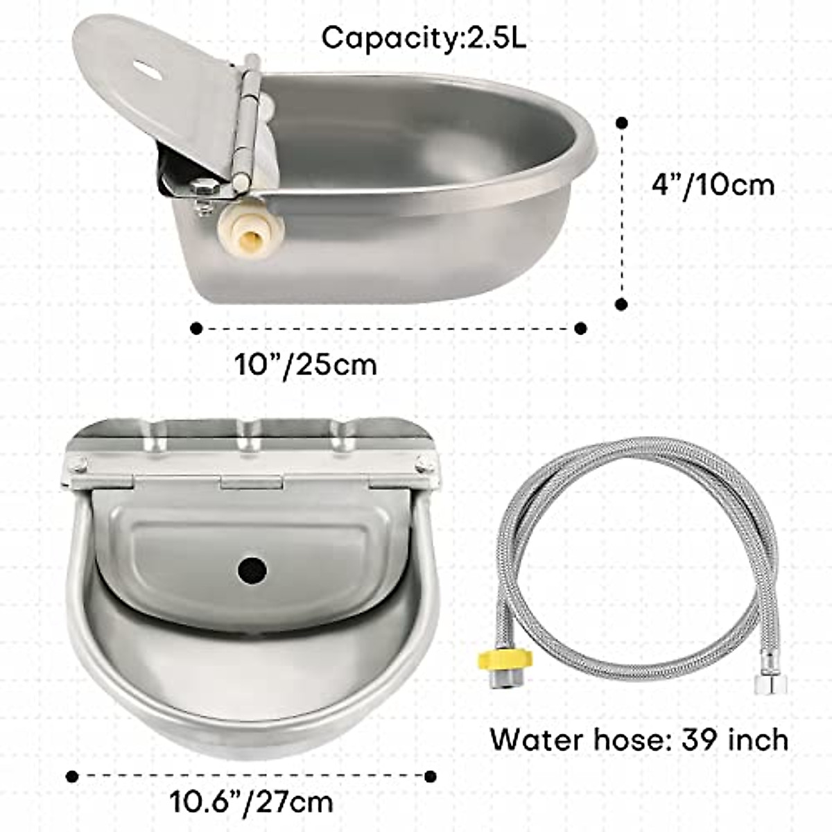 AMGSH Automatic Animal Drinking Water Bowl with Float Valve | Stainless Steel Livestock Waterer with 39 inch Water Hose for Cattle Horse Goat Sheep Pet Dog Waterer Dispenser (Without Drain Hole)