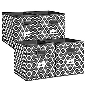 homyfort Cube Storage Organizer Bins 13x13 - Fabric Storage Cubes Bin Foldable Baskets Square Box with Labels and Dual Plastic Handles for Shelf, Nursery, Cabinet, Clothes, Toys, Set of 4 (Grey)