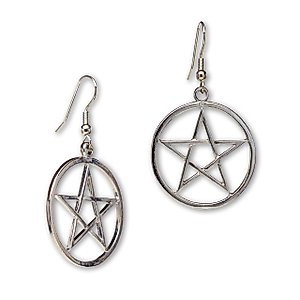 Pagan Wiccan Pentagram Pentacle Silver Finish Dangle Earrings