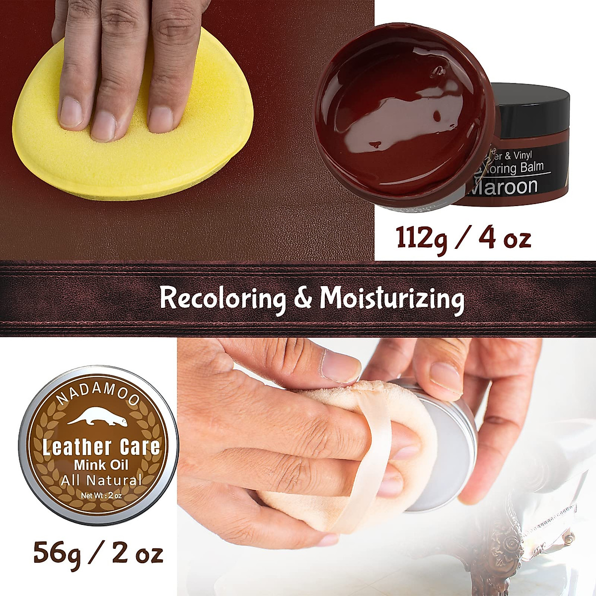 NADAMOO Maroon Leather Recoloring Balm with Mink Oil Leather Conditioner, Leather Repair Kits for Couches, Restoration Cream Scratch Repair Leather Dye For Vinyl Furniture Car Seat, Sofa, Shoes