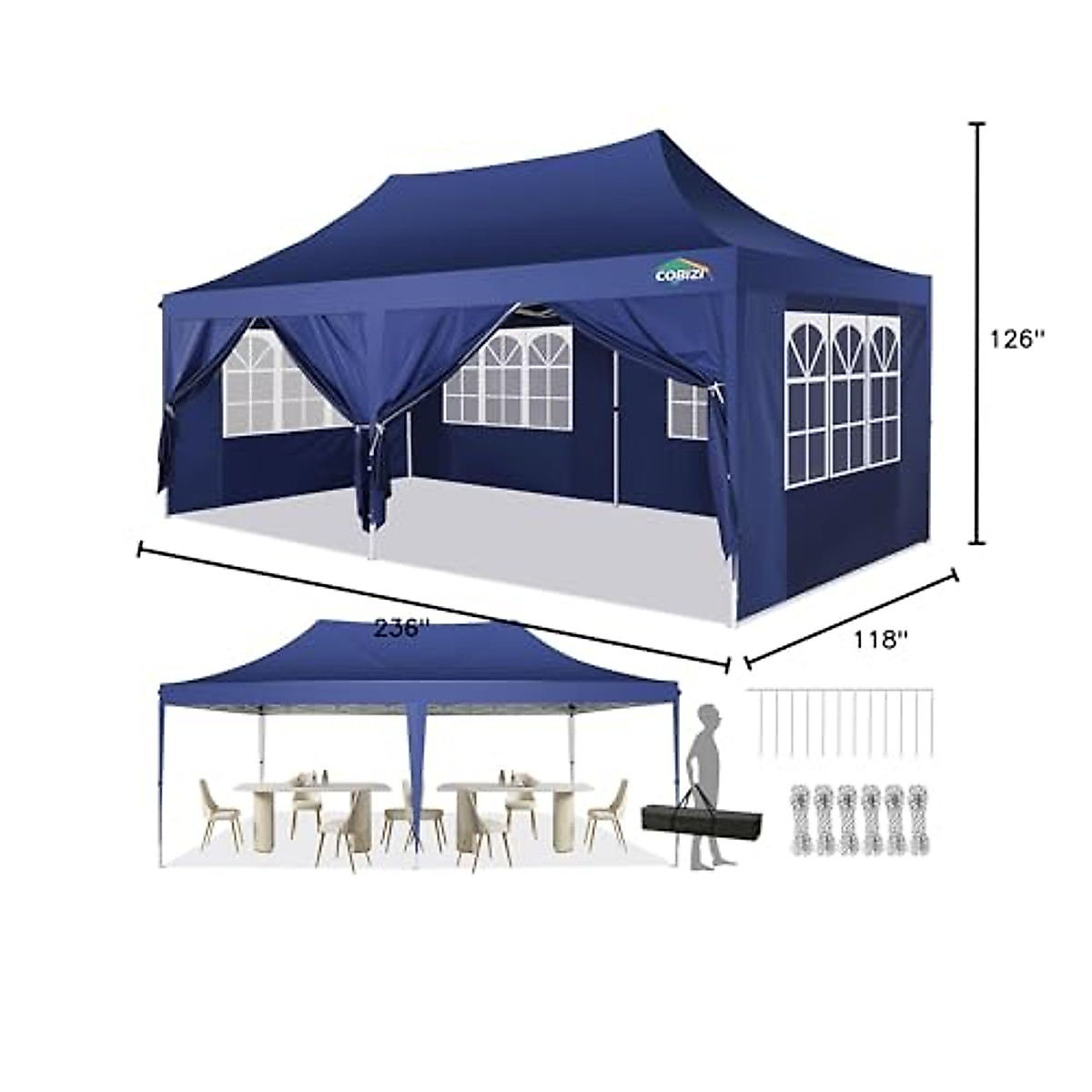 COBIZI 10x20 Canopy with Sidewalls Pop Up Canopy Tent Large Party Tents Commercial Canopy for Parties, 3 Adjustable Height, UV50+ &Waterproof, Outdoor Gazebo, Bonus Carry Bag, Stakes, Ropes, Blue