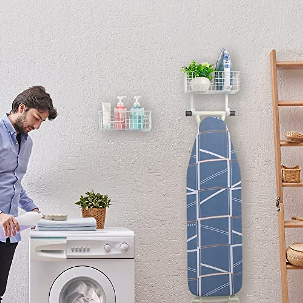YBING Ironing Board Holder White Set of 2, Metal Iron Holder Wall Mount with Removable Hooks, Laundry Room Organizer with Ironing Board for Bathroom, Bedroom,Office