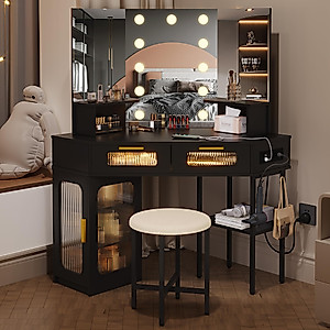 Vlsrka Corner Vanity Desk with Mirror and Lights, Corner Vanity Table with Charging Station, Power Strip, Corner Makeup Vanity with Hollywood Mirror and Chair, 3 Color Dimmable Lighting (Black)
