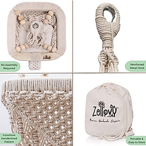 ZELLOVY Organic Macrame Baby Swing Chair with Cushion & Portable Canvas Backpack | Boho Baby Swing Outdoor Indoor Infants & Toddler | Hanging Rope Baby Gift Swing | Handmade Crochet Baby Hammock Swing
