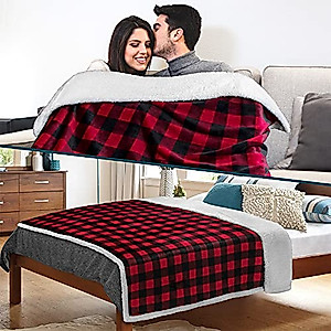 PAVILIA Buffalo Plaid Sherpa Blanket King | Fuzzy Red Black Checkered Flannel Fleece Blanket for Couch Bed | Fluffy Warm Soft Christmas Plush Microfiber Blanket | 90x108