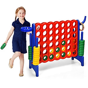 HONEY JOY Jumbo 4-to-Score Giant Game Set, 3-in-1 Indoor Outdoor Family Yard Game Set w/Basketball Hoop & Ring Toss, 42 Jumbo Rings, Quick-Release Slider, Giant 4-in-A-Row for Kids & Adults