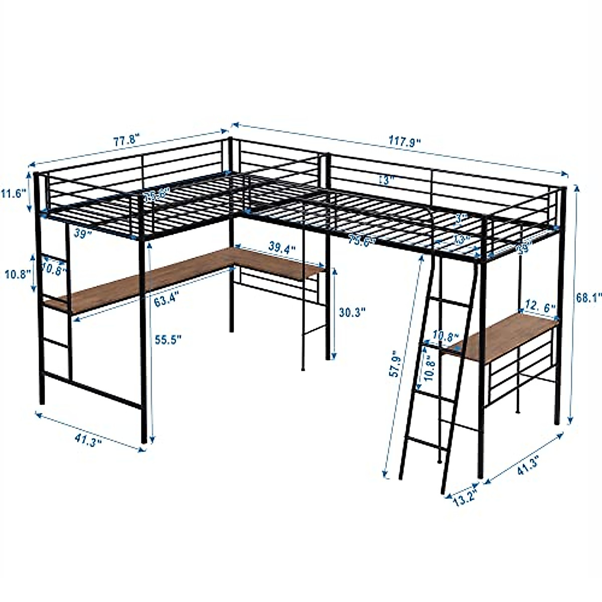 Morhome Metal Loft Bed with Two Built-in Desks, Twin Size L-Shaped Loft Bed with Full-Lenght Guardrail and Two Ladder, 2 Beds in 1 Corner Loft Bed for Kids Teens Adults, No Box Spring Needed