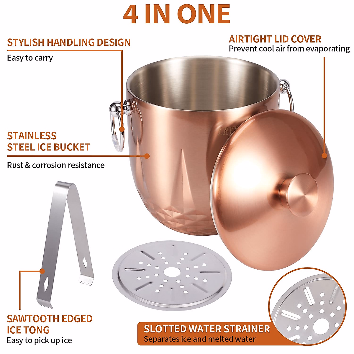 LRYYBTI Ice Bucket with Lid, Double Wall Stainless Steel Insulated ice Bucket, Champagne Bucket, Wine Bucket for Parties, Cocktail bar, Copper, 3L