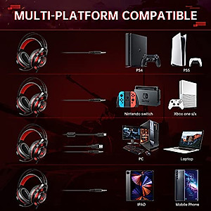 E-YEEGER Gaming Headset PS4 Headset with 7.1 Surround Sound Stereo Xbox One Headset, Gaming Headphones with Noise Canceling Mic & Memory Foam Ear Pads for PC/PS4/PS5/Xbox one/Nintendo Switch Red