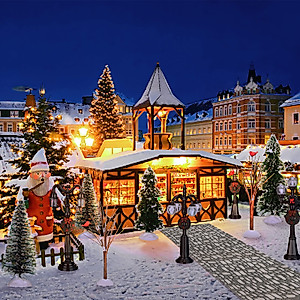 Aoriher 15 Pcs Christmas Figurine Village Accessories Miniature Pine Trees Snow Artificial Christmas Trees Cardinal Bare Branch Trees Streetlight Lamps Cobblestone Street Figurine for Xmas (Classic)