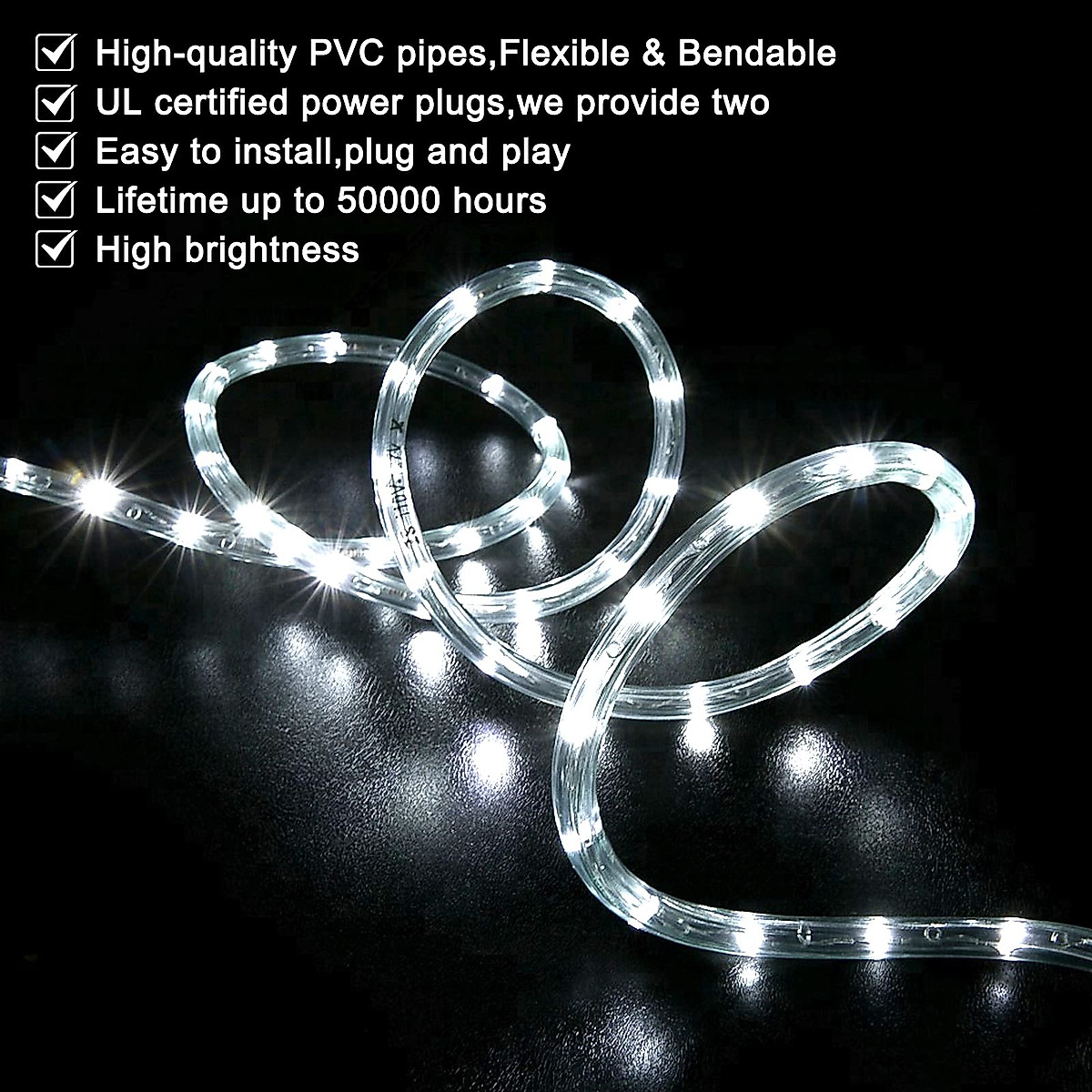 SURNIE Rope Lights Outdoor Waterproof Daylight-White: 540 LEDs 50ft Cuttable Outside Bright 110V Lighting 6000K Connectable Flexible Plug Thick Cool Clear Tube - Indoor Deck Patio Xmas Camping Décor