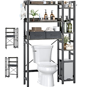 Over The Toilet Storage with 2 Drawers - 7 Tier Bathroom Organizer with Adjustable Shelf, Freestanding Space Saver Storage Rack Above Toilet Stand with 4 Hooks for, Restroom, Laundry, Grey Oak