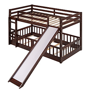 Floor Bunk Bed with Slide, Twin Over Twin Bunk Bed for Kids Toddlers, Wood Low Beds Frame with Ladder for Boys Girls Teens, Espresso