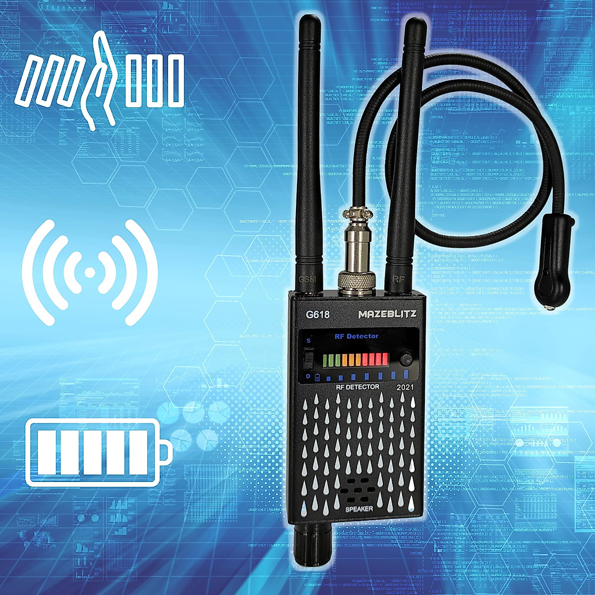 Hidden Camera Bug Detector Upgraded 2022 Newest Anti Spy Detector with LCD, RF Signal Wireless GPS car Tracker Eavesdropping Device Finder with Extra AI Function, GSM,MAZEBLITZ