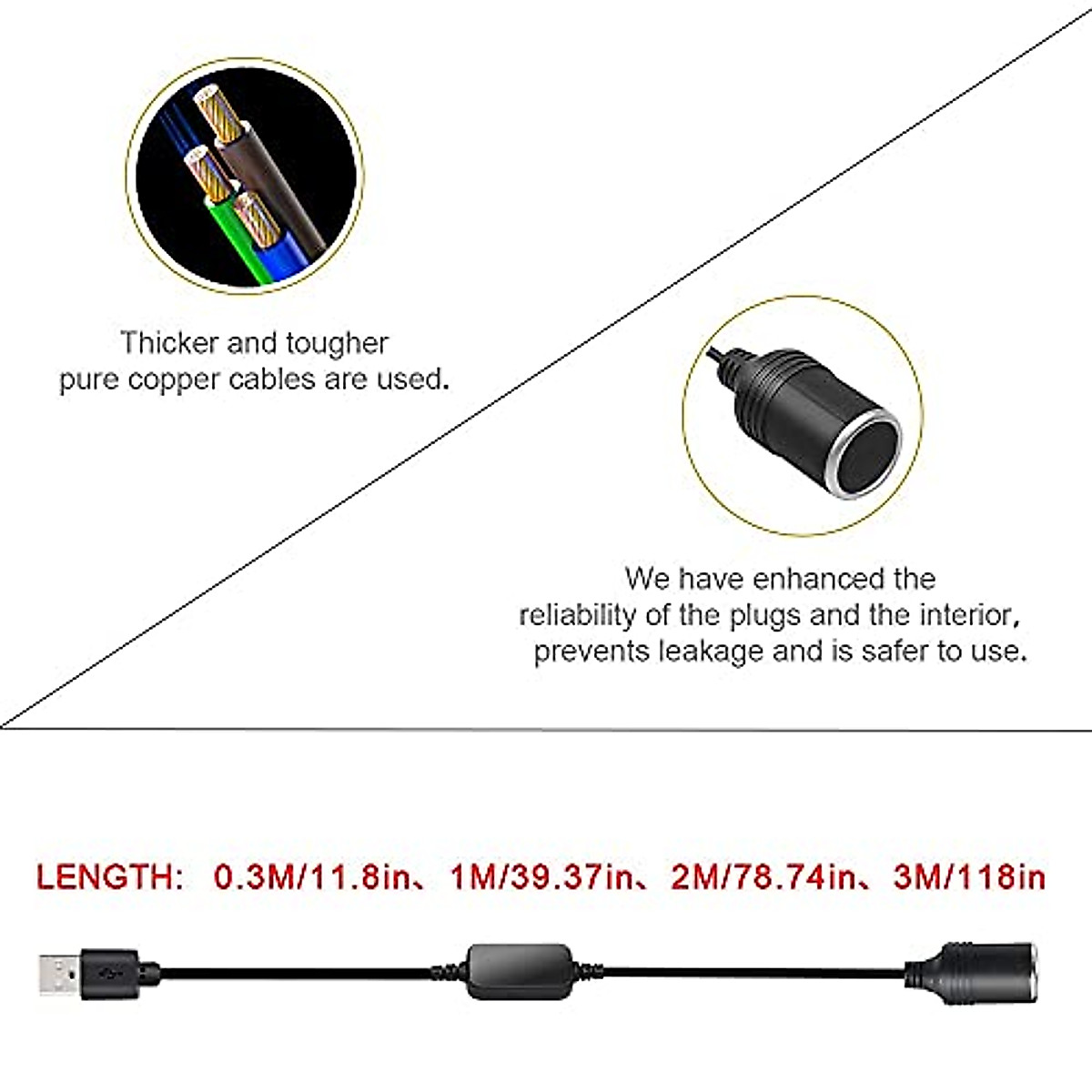 TEHUS USB to 12V DC Power Adapter - USB 5V A Male to 12V Car Cigarette Lighter Socket Power Converter for Driving Recorder DVR Dash Camera GPS(10W 0.8A Max) (0.3M/11.8in)