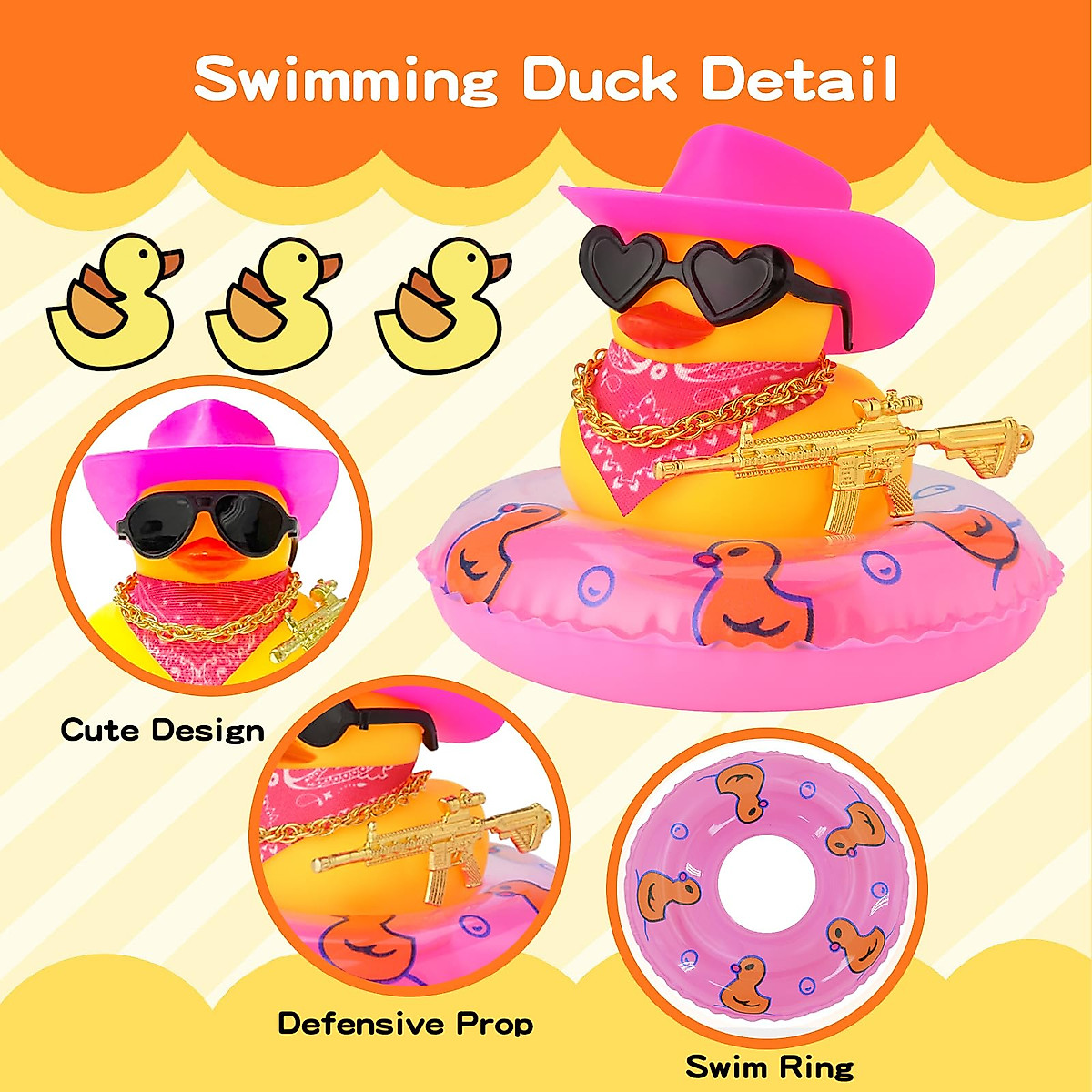 Duck Dashboard Decorations - Rubber Duck for Dashboard of Car, Yellow Duck Car Dashboard Decorations, Squeak Ducks Car Ornaments Car Décor Accessories with Hat Swim Ring Necklace Sunglasses