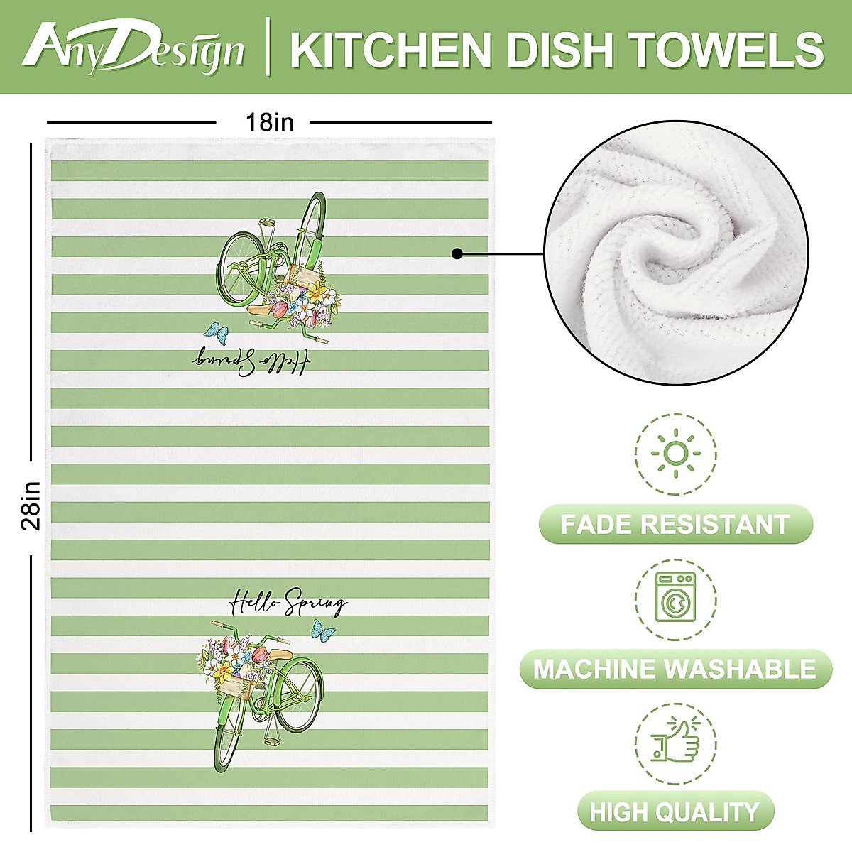 AnyDesign Spring Kitchen Dish Towel Watercolor Gnome Flower Bicycle Truck Dishcloth Green Buffalo Plaids Stripes Hand Drying Tea Towel for Cooking Baking Cleaning Wipes Supplies, 18 x 28 Inch, 4Pcs