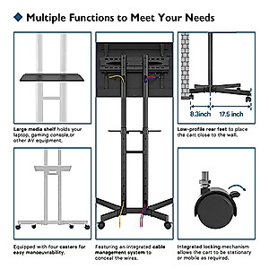 Mobile TV Stand, Rolling TV Stand with Wheels for 32-85Inch LED, LCD, OLED Flat&Curved TVs, Height Adjustable TV Cart with Laptop Shelf and Locking Wheels, Holds Up to 132lbs Max VESA 600x400mm, Black