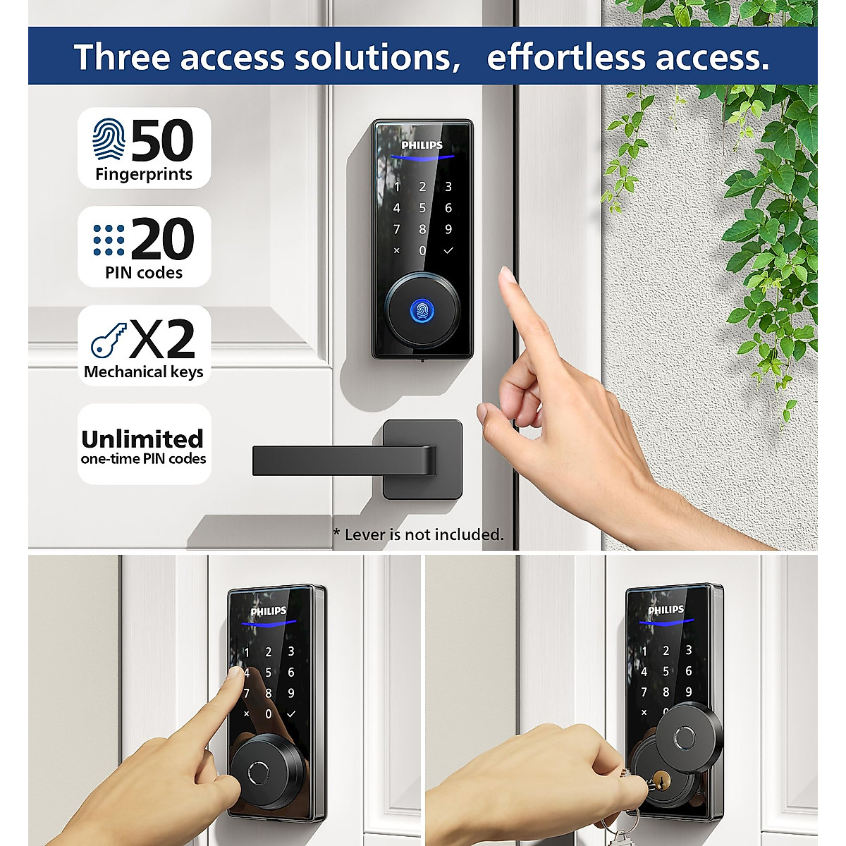 Philips Fingerprint Door Lock, Keyless Entry Door Lock, Electronic Door Lock, Touchscreen Keypad Deadbolt - Easy Installation and Set up - Satin Nickel