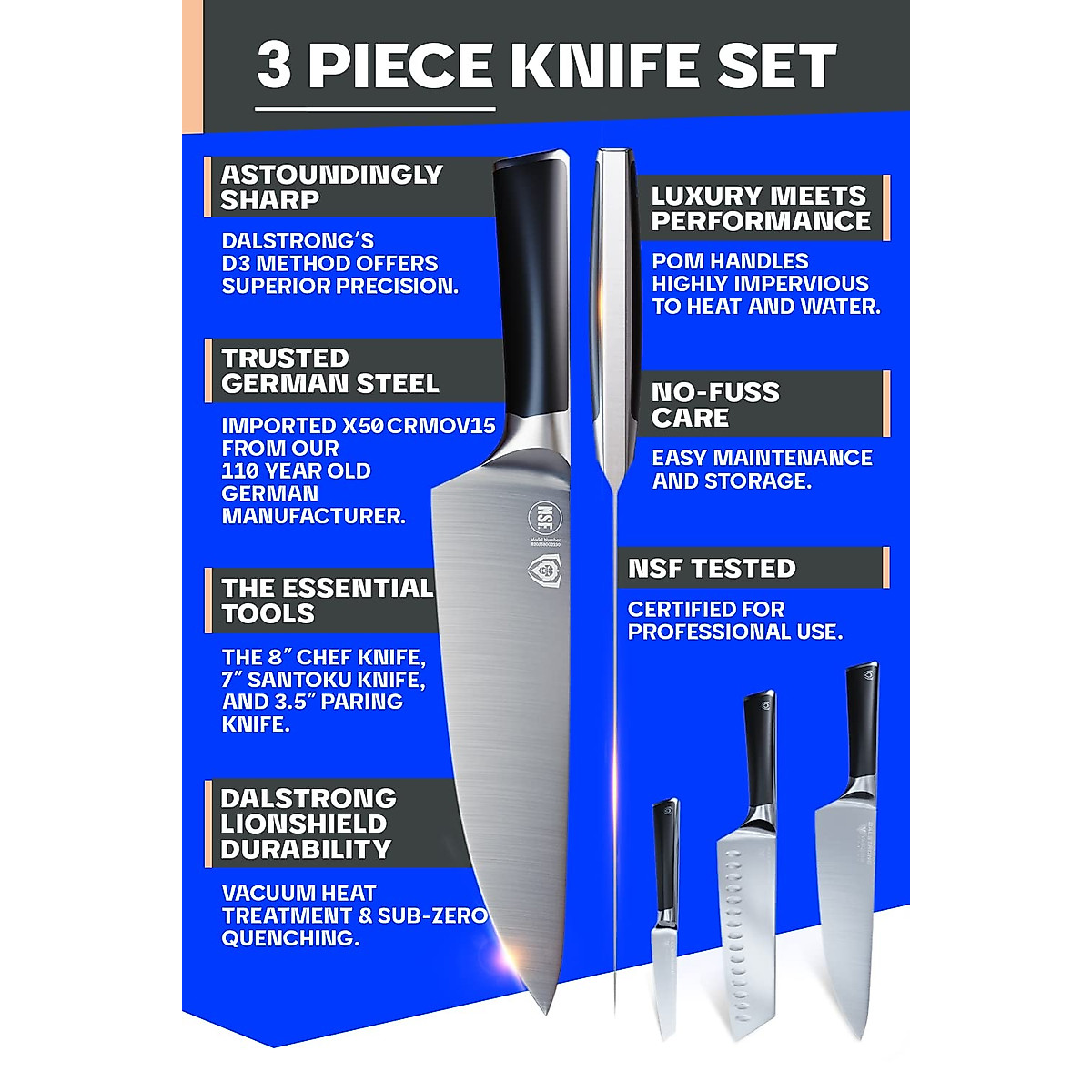 Dalstrong 3 Piece Knife Set - Vanquish Series - Forged High Carbon German Steel - Black POM Handle - Chef Knife, Santoku and Paring - Razor Sharp Kitchen Set - NSF Certified