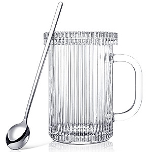 Hoolerry 14 oz Clear Glass Mug with Lid and Spoon Classical Vertical Stripe Tea Mug Ribbed Iced Coffee Cup Glass Coffee Mug Clear Coffee Mug for Milk Latte Water Chocolate Juice for Birthday Christmas
