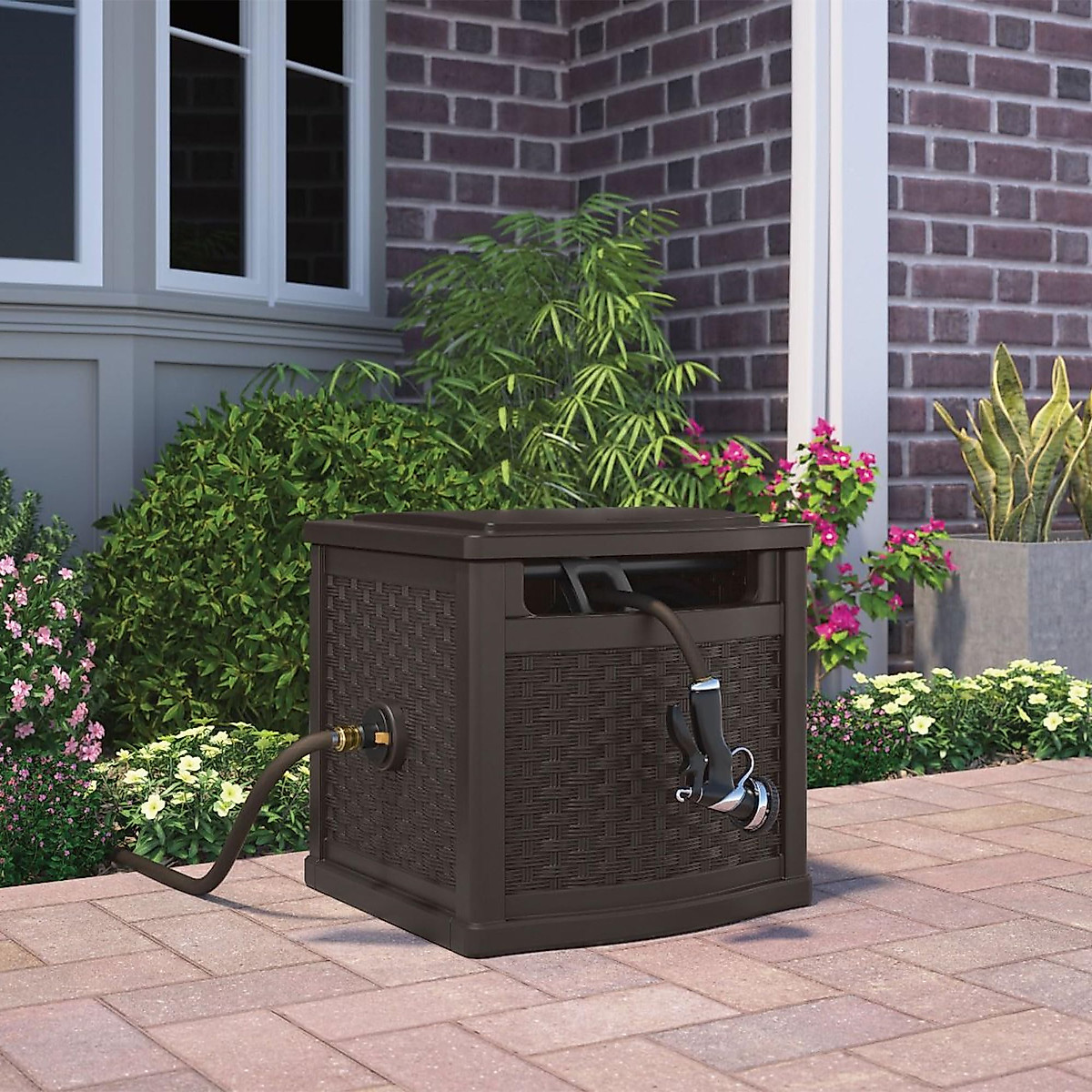 Suncast 150 Foot Slide Trak Outdoor Garden Wicker Resin Water Hose and Reel Hideaway with Brass Connections for Patio or Backyard, Java