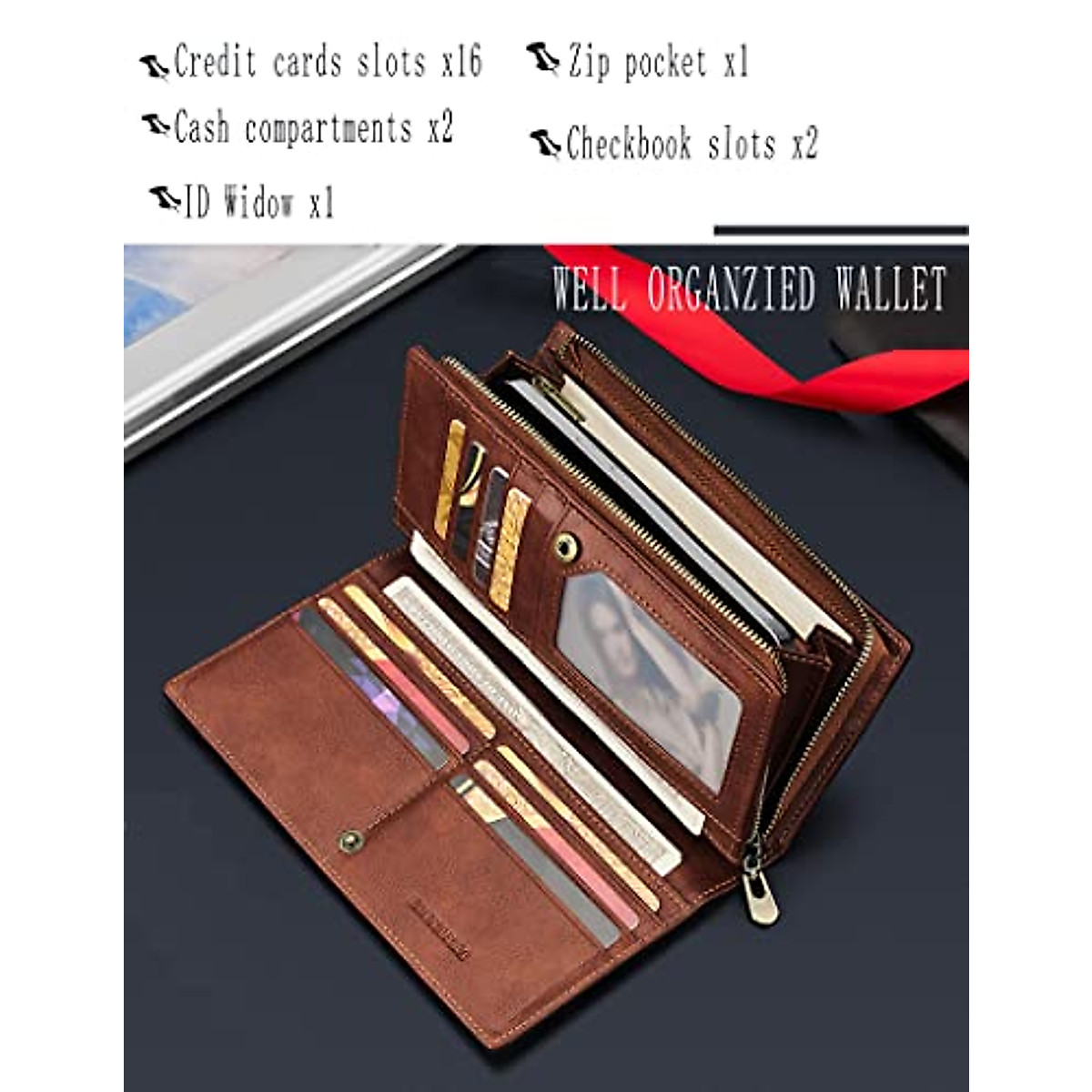 VANNANBA Mens Long Wallet Zipper Full Grain Leather Bifold Checkbook Cards Organized Holder Purse for Business Travel Gift