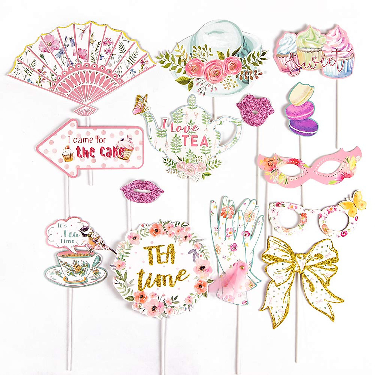 SUNBEAUTY 14 Pcs Tea Party Photo Booth Props Tea Party Decorations Alice in Wonderland Party Supplies Garden Party Bridal Shower for Girls Women
