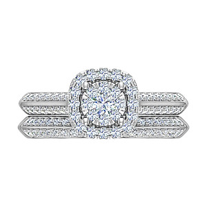 FINEROCK 3/4 Carat Halo Diamond Bridal Ring Set in 14K White Gold (Ring Size 8.25)