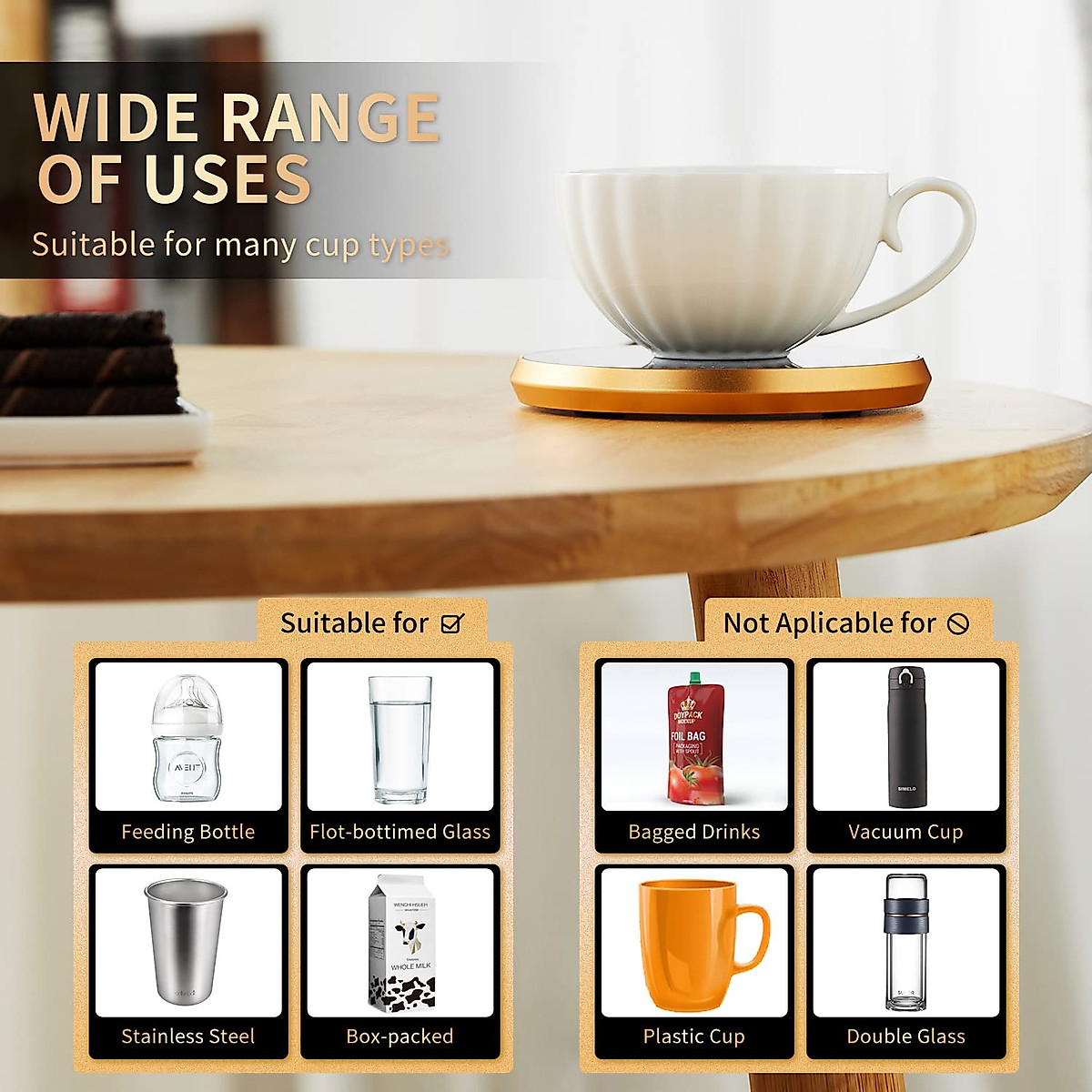 Coffee Warmer for Desk Auto Shut Off,Smart Coffee Cup Warmer with 2 Temperature Setting,Electric Mug Warmer Plate for Coffee,Milk,Tea,Cocoa (Gold)