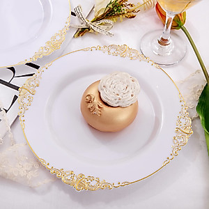Nervure 100PCS White and Gold Plastic Plates - 7.5inch Gold Disposable Plates - Heavyweight Gold Plastic Plates - Gold Dessert Plates for Wedding & Party & Christmas