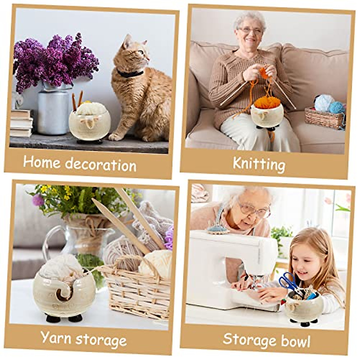 Sleepy Sheep Ceramic Yarn Bowl 6.69 x 4.72 Inch Large Decorative Yarn Holder Knitting Yarn Ball Holder Handmade Craft Knitting Bowl Crocheting Accessories and Supplies Organizer With12 Crochet Hooks