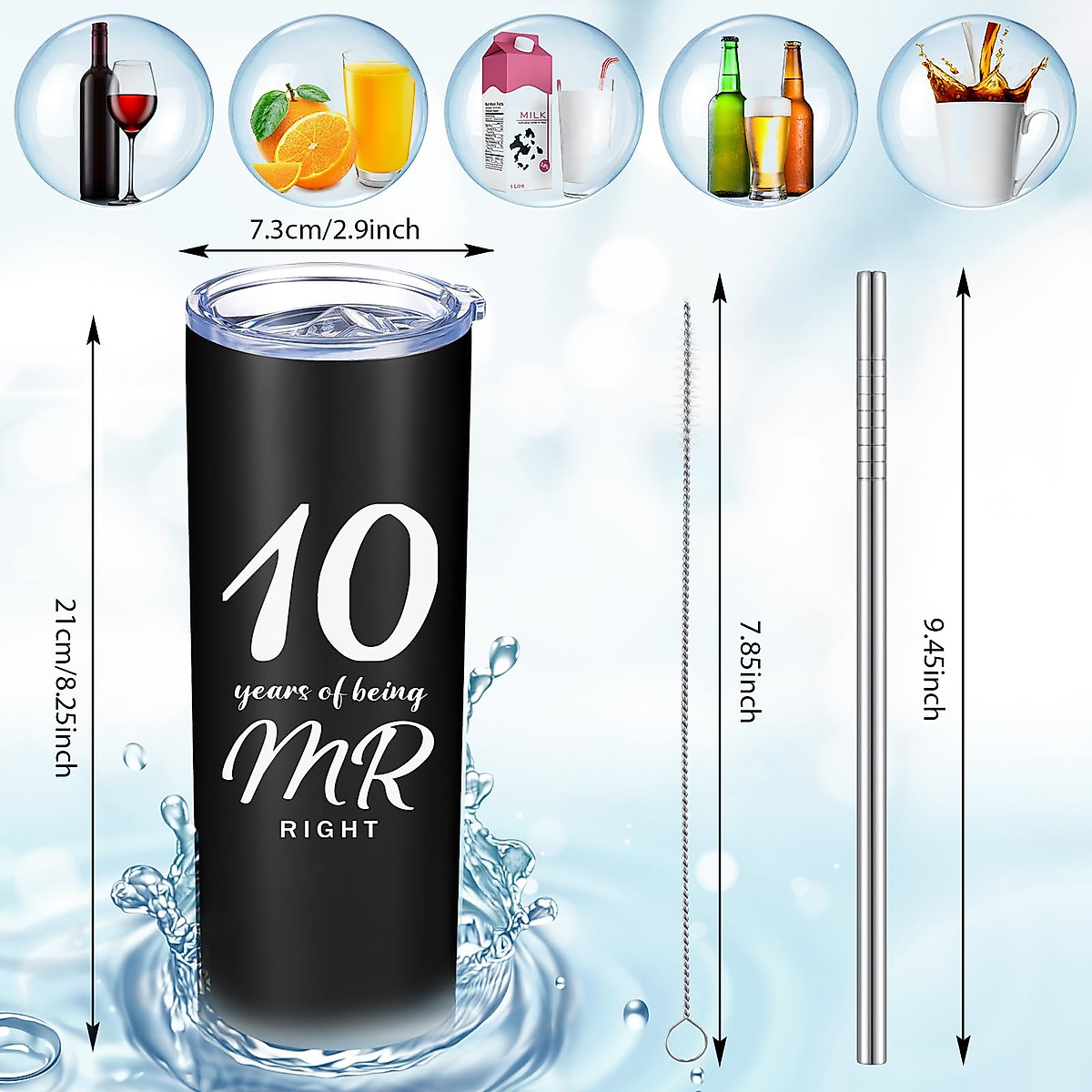 Cunhill 2 Pcs Wedding Anniversary Coffee Mug Being Mr/Mrs Always Right Present Set Anniversary Presents for Couple 20 oz Mug Tumbler with Lids for Grandparents Parents (10th Straight)