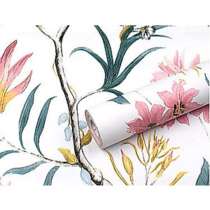 HOYOYO Four Seasons Pink Blossom Self-Adhesive Liner Paper, Blossom Humming Birds Butterflies Removable Peel and Stick Dresser Cabinets Furniture Table Desk Home Decor 17.8 x 118 inch, White