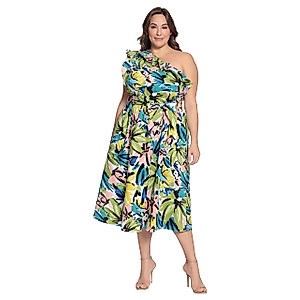 Donna Morgan Women's Bold Floral Printed Midi Dress with Ruffle One Shoulder, Soft White/Olive Green, 16