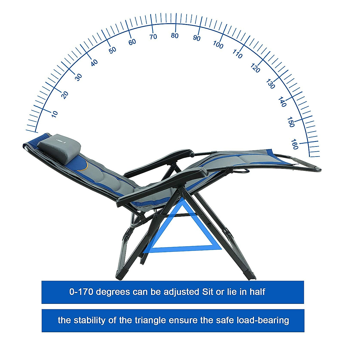 EVER ADVANCED Oversize XL Zero Gravity Recliner Padded Patio Lounger Chair with Adjustable Headrest Support 350lbs, Blue