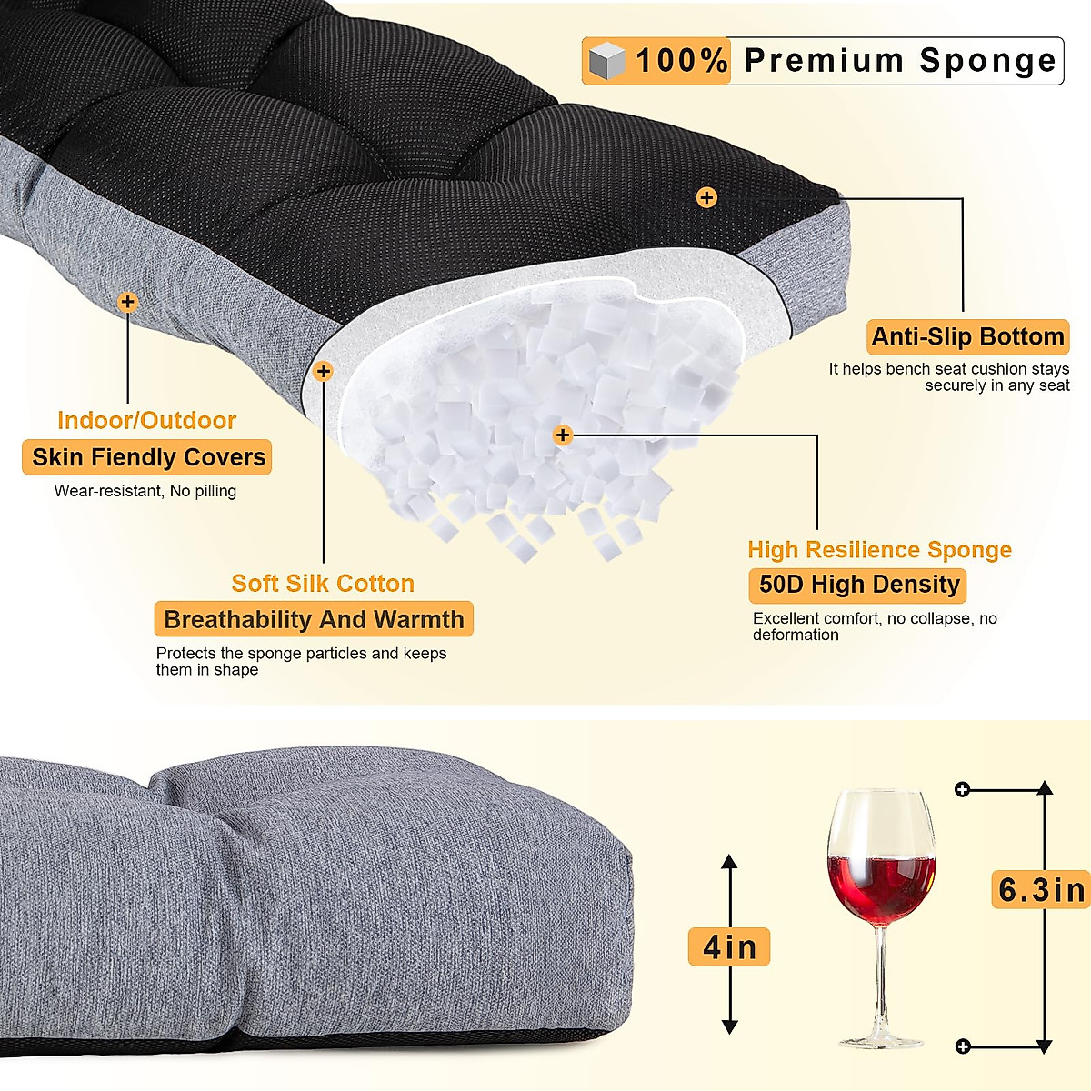 Millsilo Bench Cushions for Indoor Furniture,Non-Slip Tufted Soft Bench Cushion for Kitchen Dining Seat Pads, Piano Chair Cushion, Shoe Storage Cushions, Outdoor Patio Cushions, 36x14x4 inch, Grey