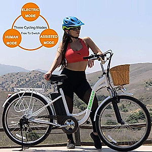 NAKTO Electric Bicycle Cargo Electric Bike for Adult 26" Sporting Shimano 6 Speed Gear Step Thru EBike 25MPH 25-30Miles Removable Waterproof Large Capacity 36V10A Lithium Battery & Pedal Assist