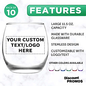 Custom Mikonos Stemless Wine Glasses 11.5 oz. Set of 10, Personalized Bulk Pack - Restaurant Glassware, Perfect for Red Wine, White Wine, Cocktails - Clear