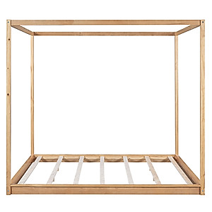 Harper & Bright Designs King Size Canopy Bed, Wood King Platform Floor Bed with Slat Support, 4 Posters King Bed Frame for Kids Teens Adults (Natural)