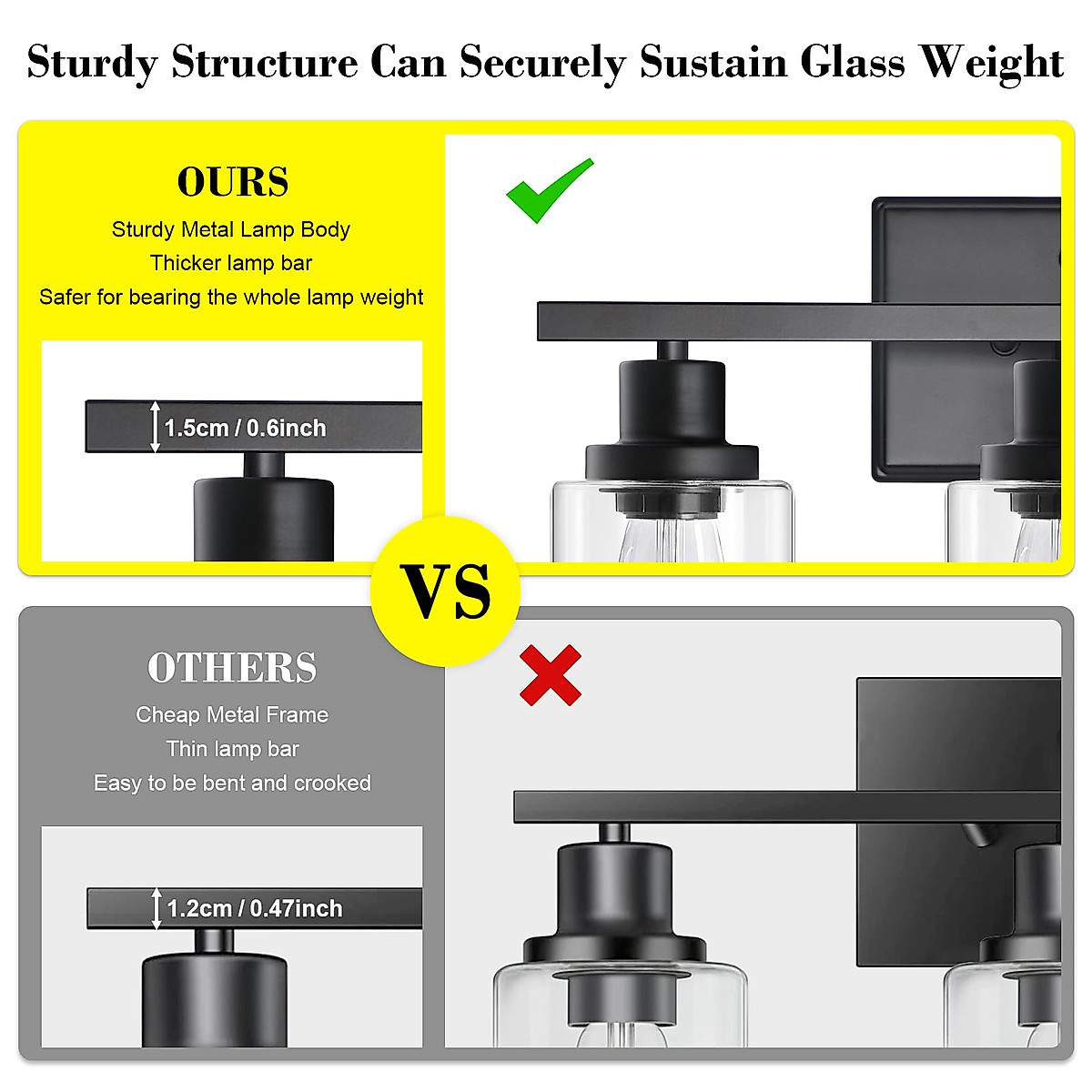 Ascher Bathroom Vanity Light Fixtures, 3 Light Wall Sconces Lighting with Clear Glass Shade, Black Wall Lights for Mirror, Kitchen, Living Room, Gallery, Hallway, E26 Base (Bulbs Not Included)