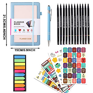 Update Pu Leather Monthly&Weekly Life Planner Organizer Notebook Gratitude Journal Productivity Journal with Pen,12 Colors Fineliner Pen&Stickers Time Management for Men&Women(Lightblue)