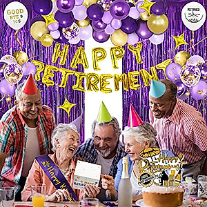 Sharonlily 84 Pcs Retirement Party Decorations for Women Men, Super Value Pack of Purple Gold Retirement Decoration Party Supplies, Happy Retirement Banner, Balloon Garland Arch, Fringe Curtains, etc.