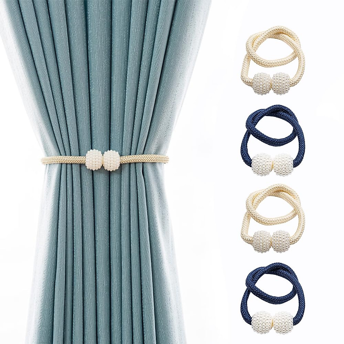 4PCS Magnetic Curtain Tiebacks Buckle Type Pearl Curtain Tie, Curtain Tie Rope Tie Without Drilling Free Installation（2*White and 2*Blue）