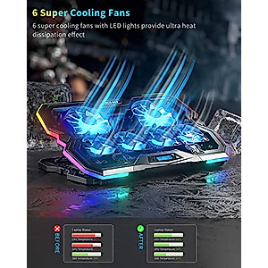 KeiBn Upgrade Laptop Cooling Pad A13,RGB Lights Laptop Cooler 6 Fans for up to 15.6 Inch Laptops,10 Modes Light, 7 Height Stands, 2 USB Ports - Blue