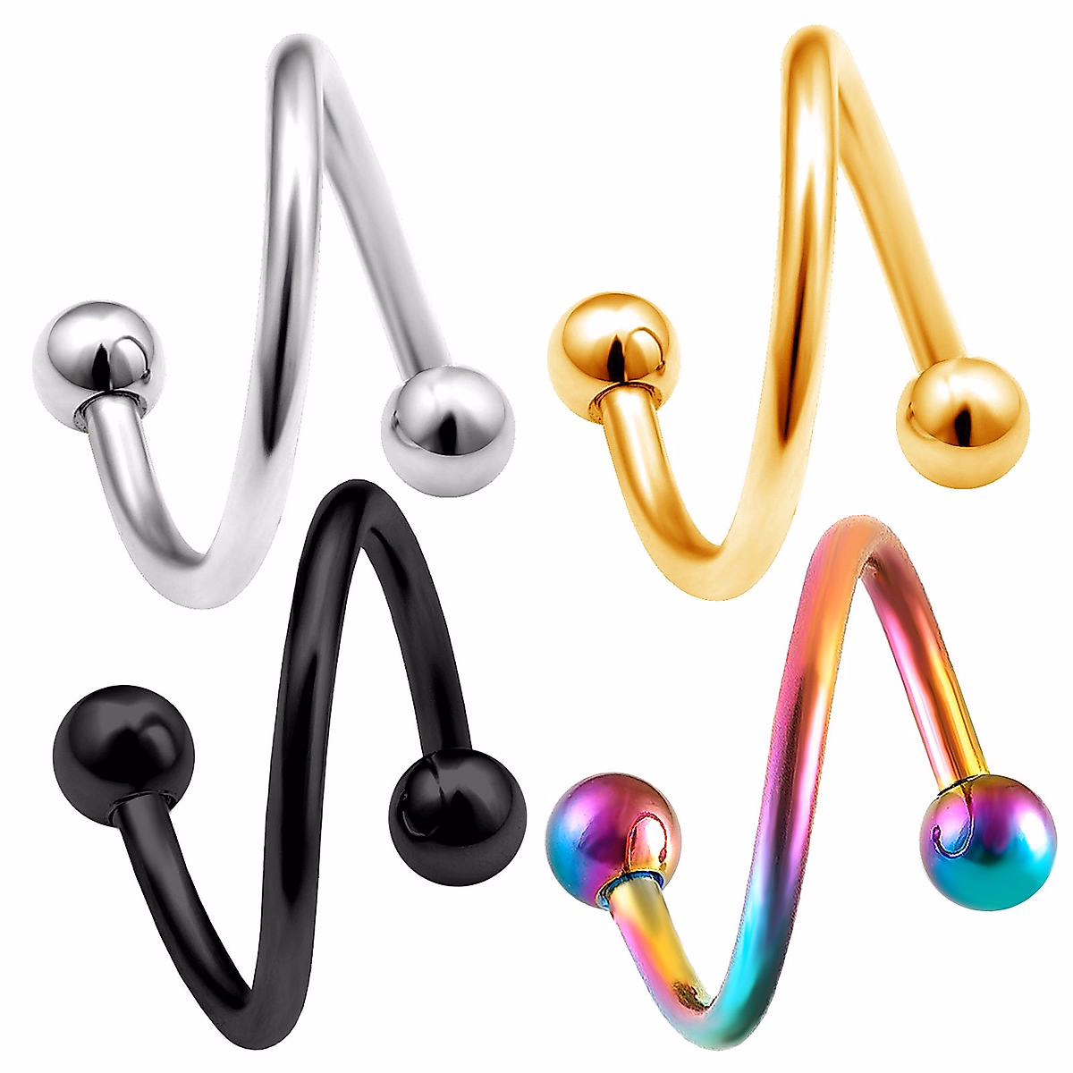 bodyjewellery 4pcs 16g Spiral barbell Cartilage Earring Lip Tragus Eyebrow Hoop Helix Twisted Bar Surgical Steel Studs 3mm Balls - 10mm