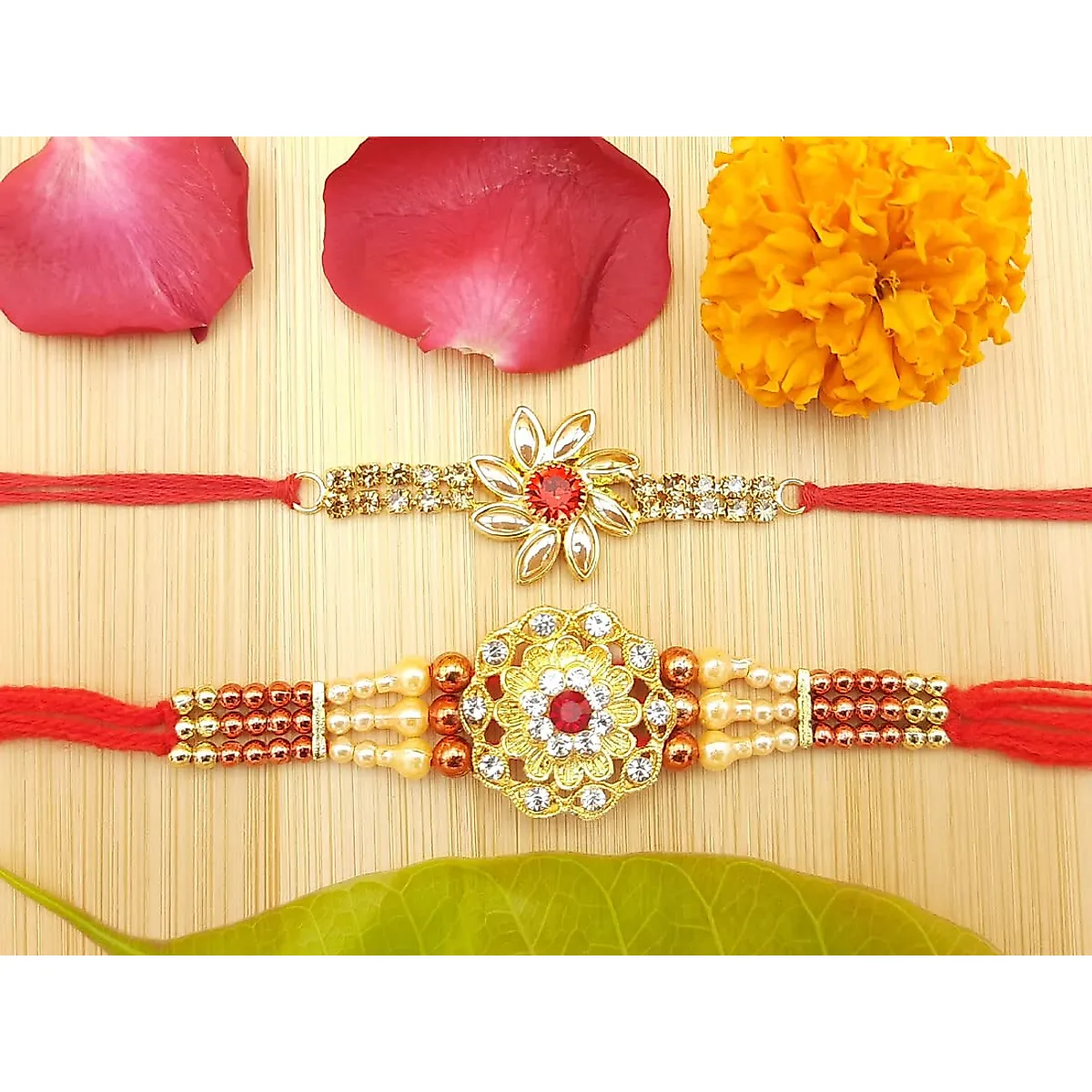Palak Global Rakhi brass Bracelet, Unique designer Rakhi, Rakhi celebration with your Brother, Bhabhi/Sibling, Sister, Father & Family. Set of 2 (Fancy Rakhi with beautiful stones, Small)
