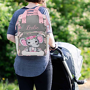 InterestPrint Personalized Baby Elephant with Pink Rose Flowers Diaper Bag Nursing Baby Bags Nappy Bag Travel Daypack for Mom Dad Girl
